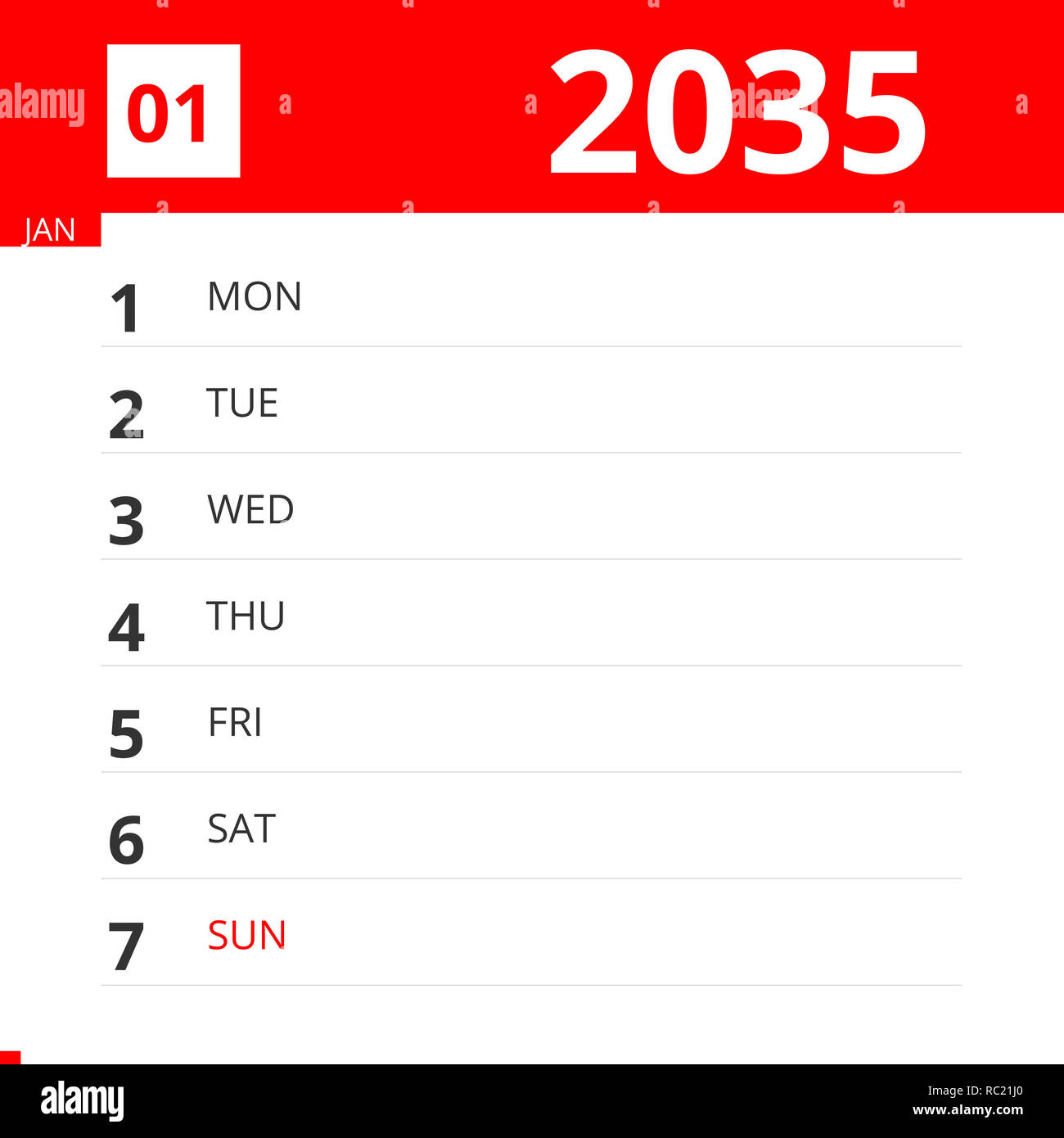Calendar planner for Week 01 in 2035, ends December 31, 2035 Stock ...