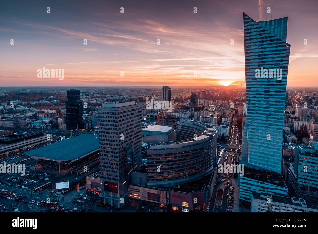 Warsaw cityscape. Panoramic view on the city buildings at sunset in the capital of Poland Stock ...