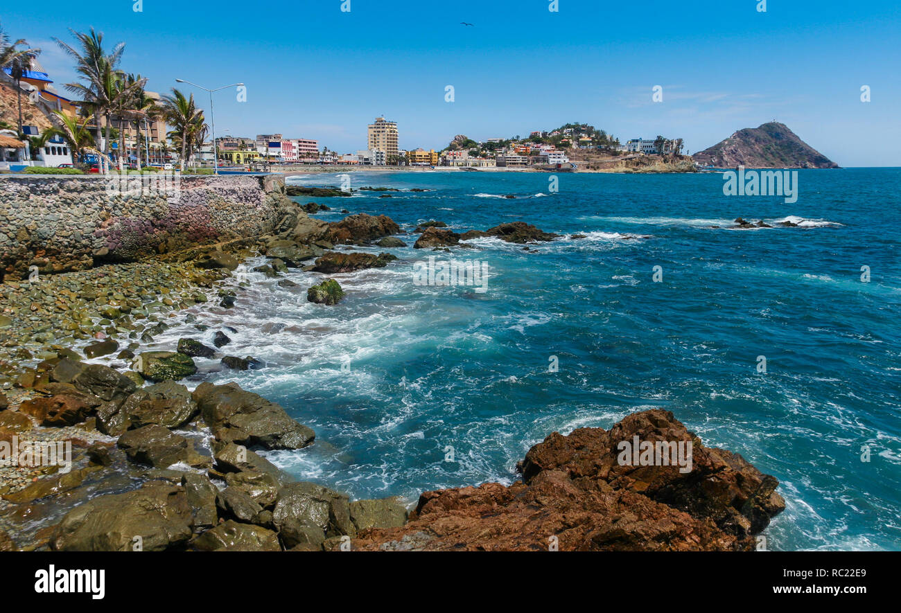 Coast line of Mazatlan city in Mexico. Rocky beach and the blue Ocean ...