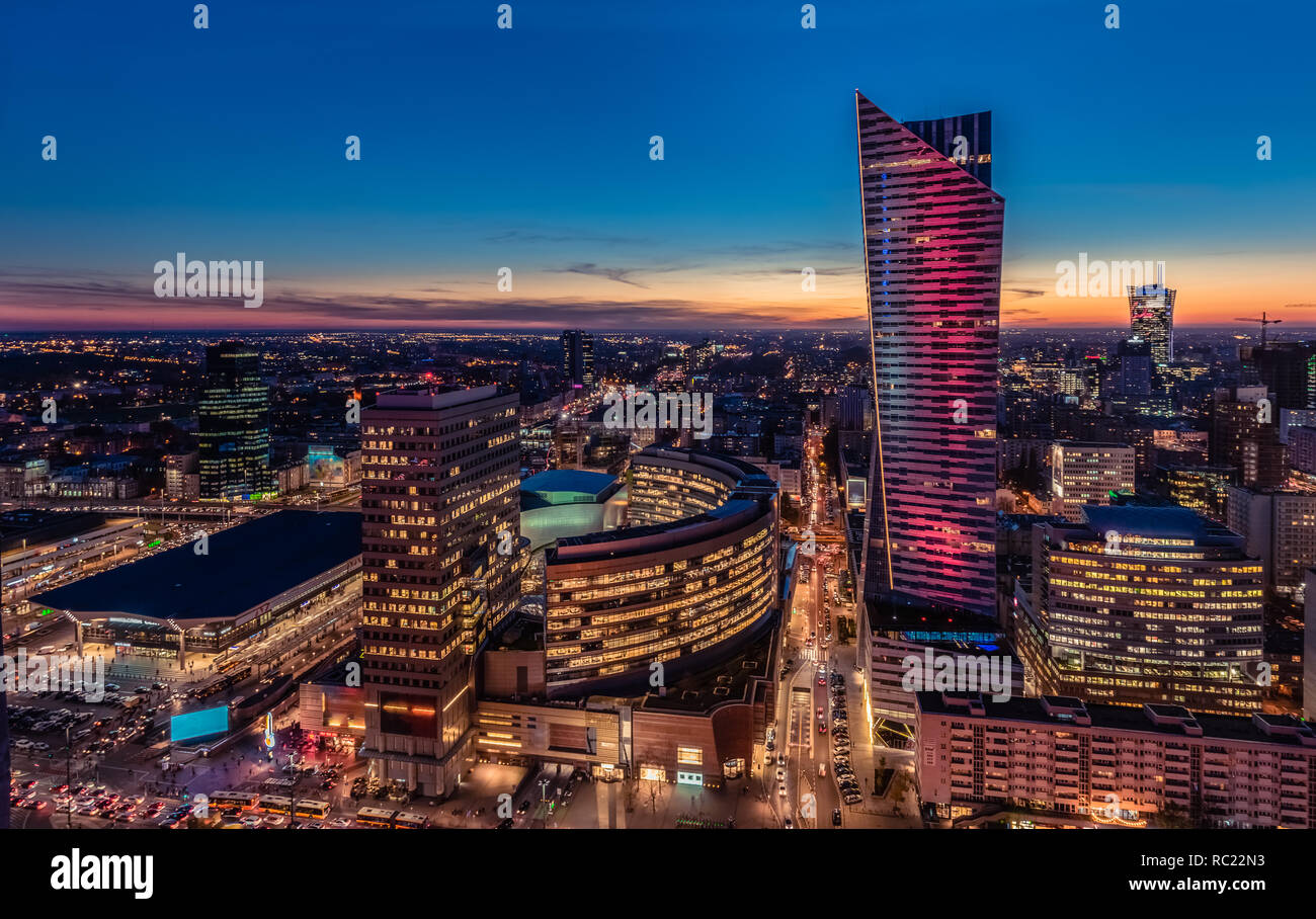 Warsaw cityscape. Panoramic view on the illuminated city buildings at ...