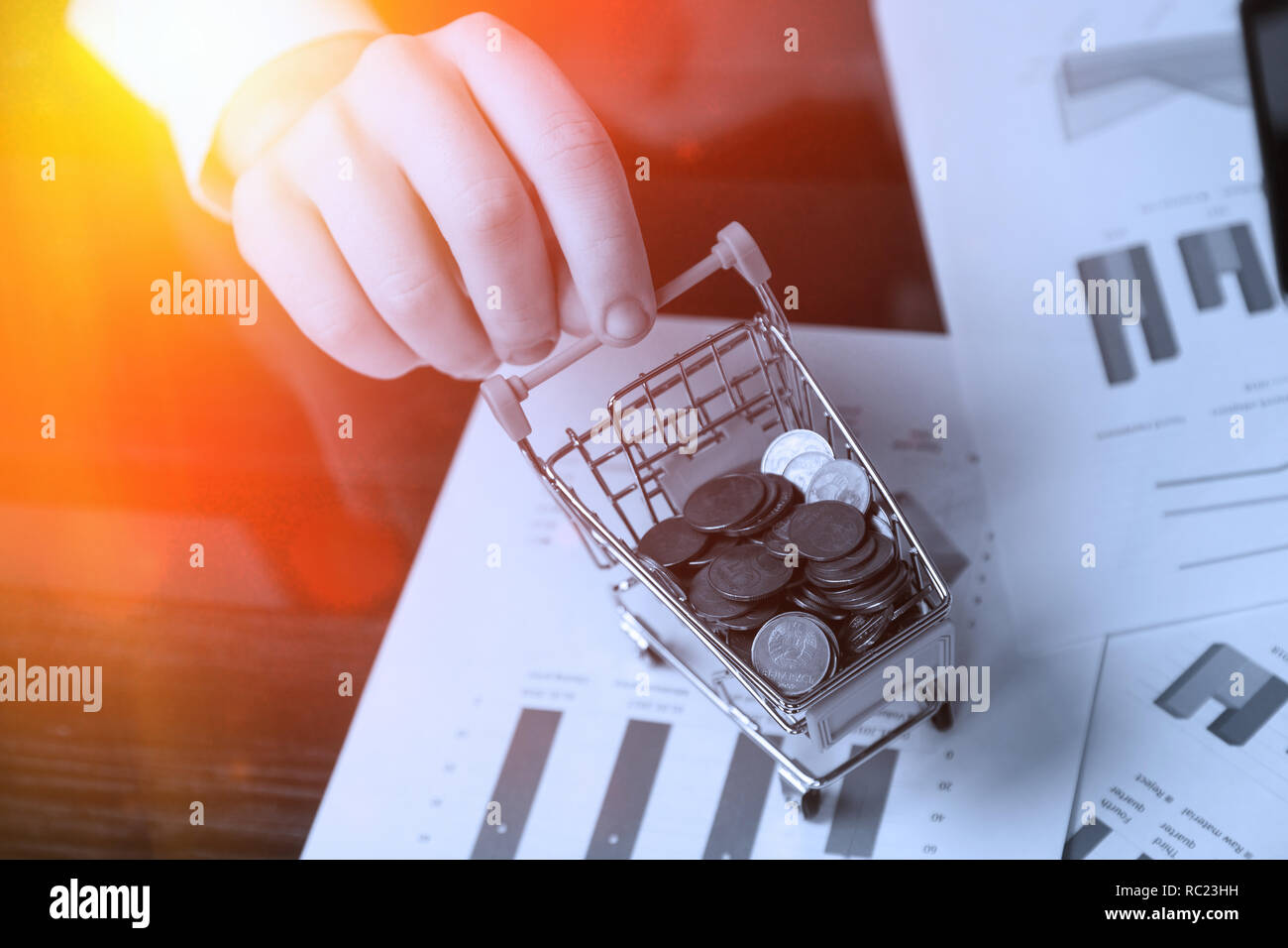 man's hand holds a Dummy shopping cart filled with coins Stock Photo ...