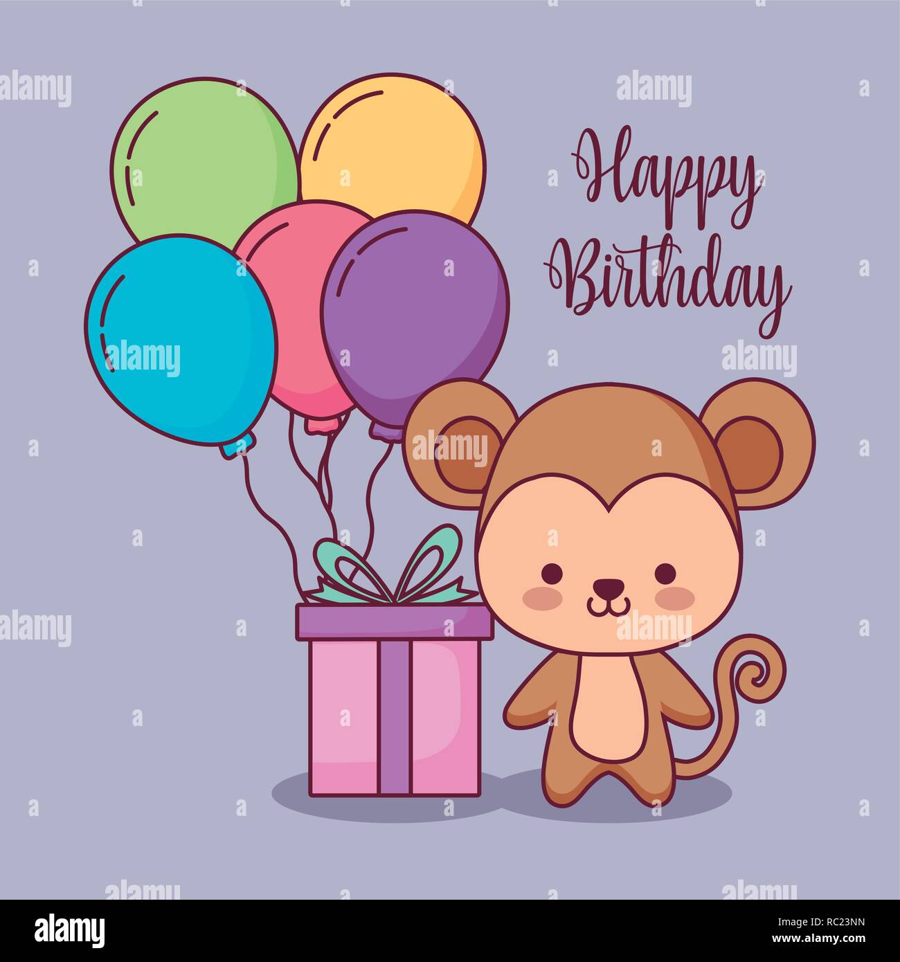 cute monkey happy birthday card with gift and balloons helium vector ...