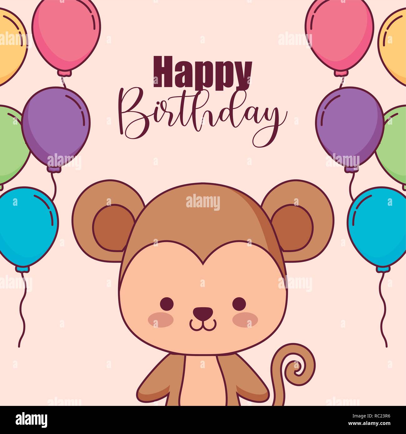 cute monkey happy birthday card with balloons helium vector ...