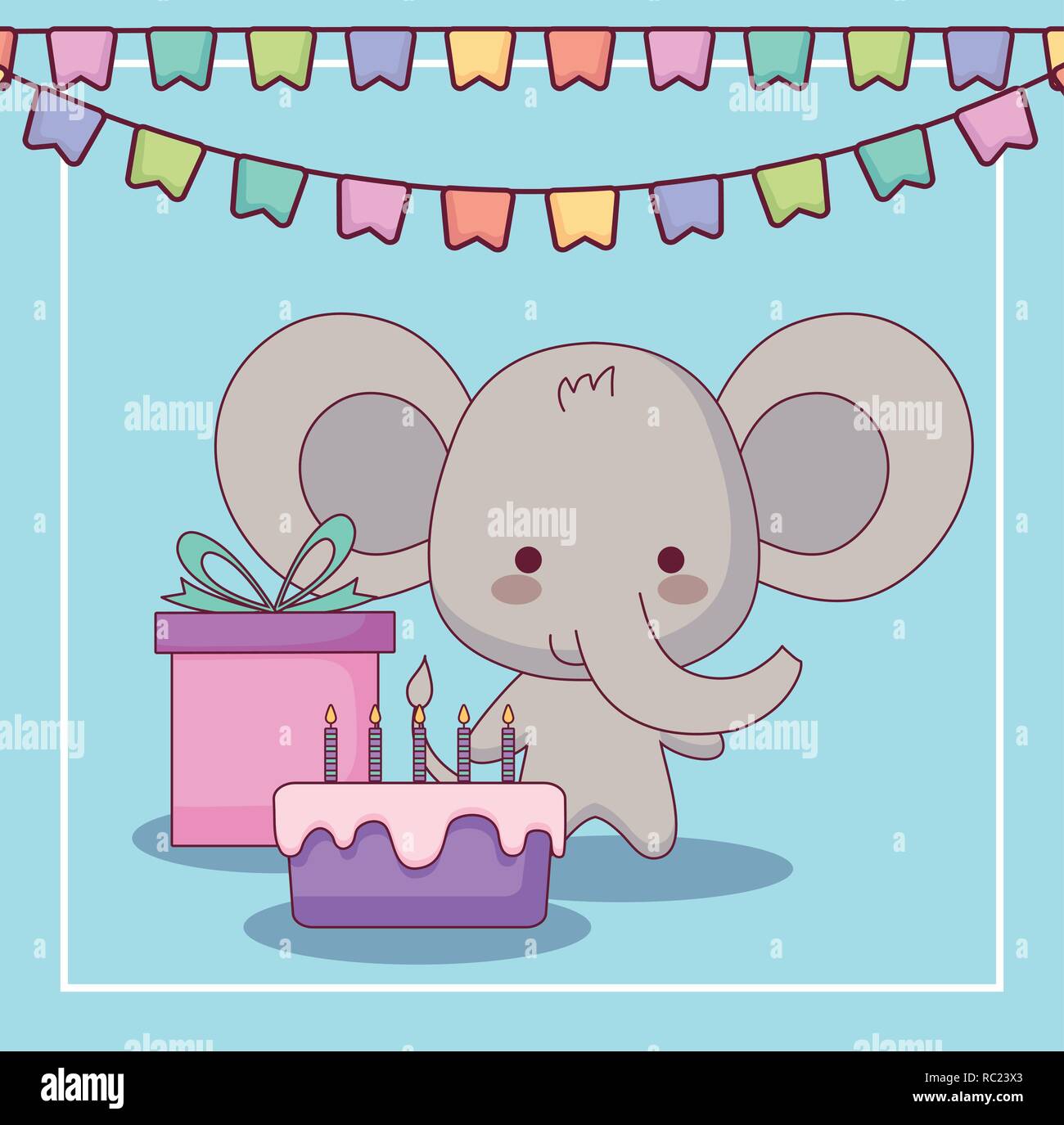 cute elephant happy birthday card with cake and icons vector ...