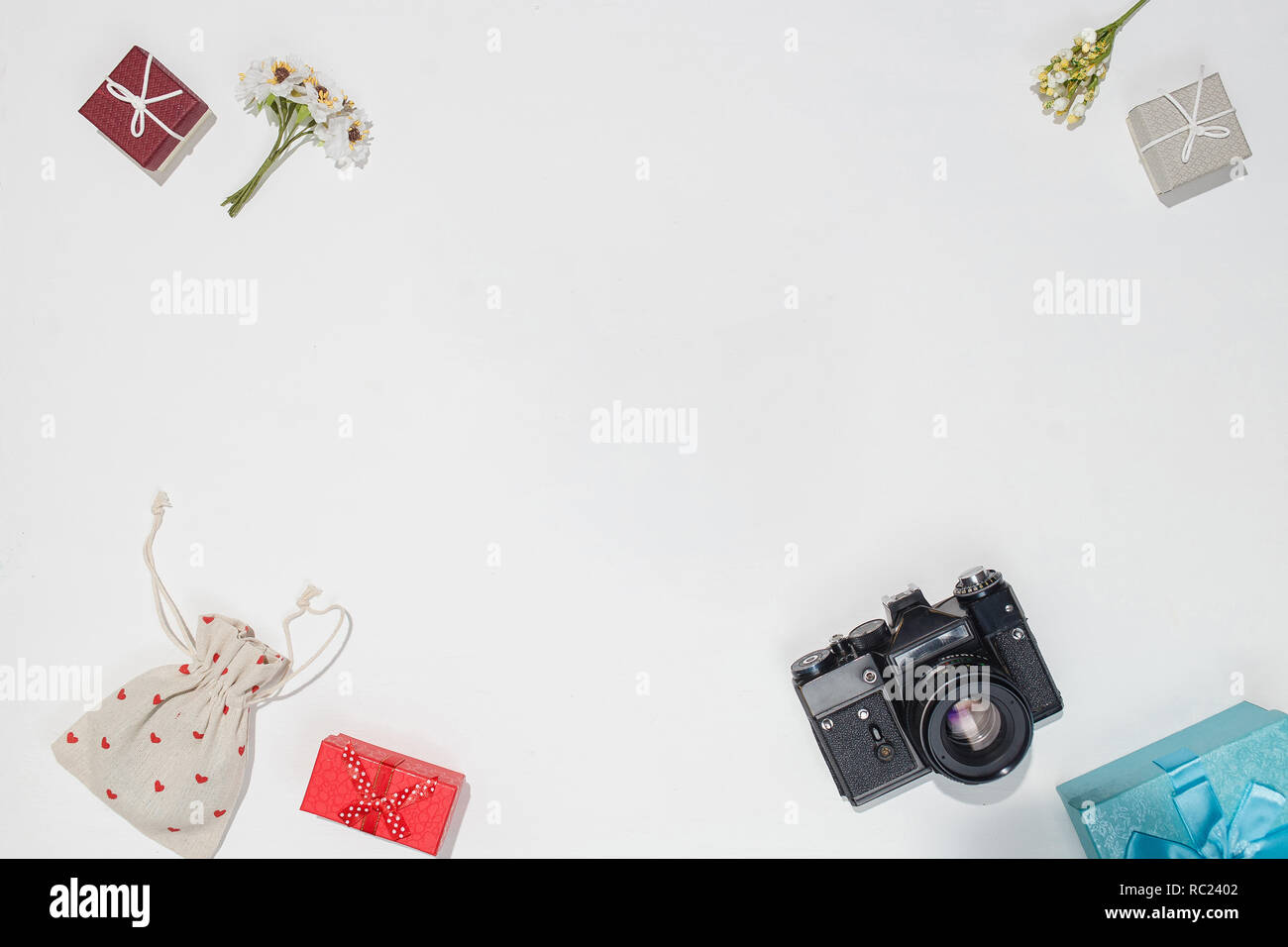 Spring gift card mockup for photographers. Flat lay composition with ...