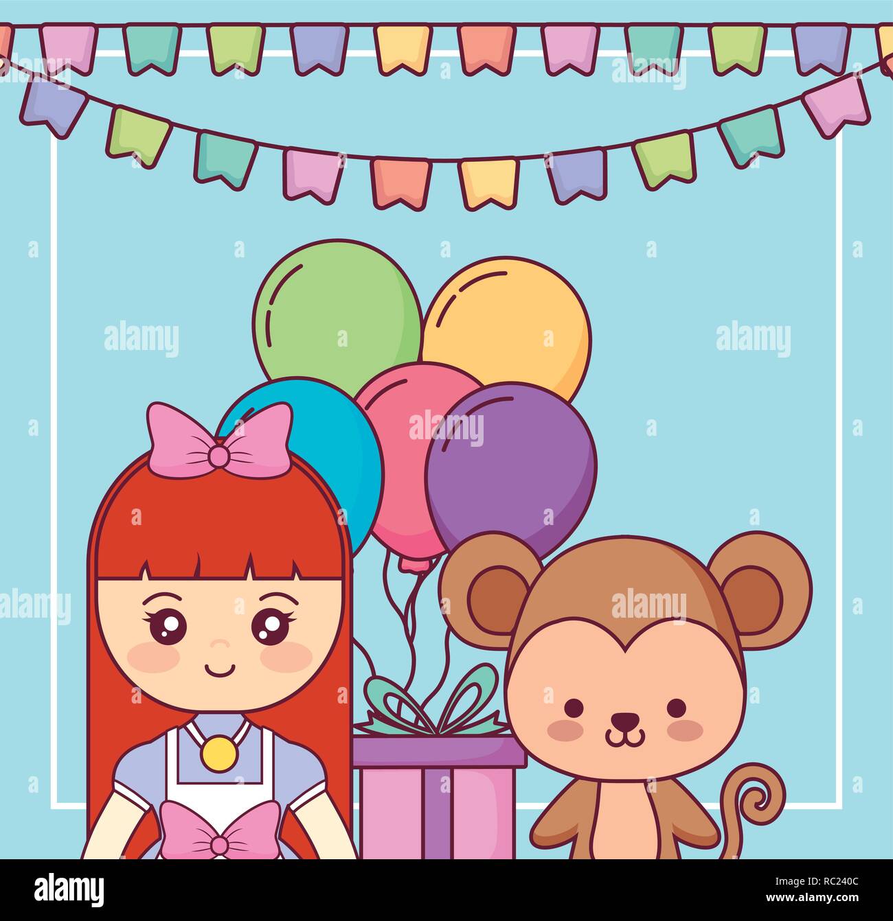 cute monkey with little girl happy birthday card vector illustration ...