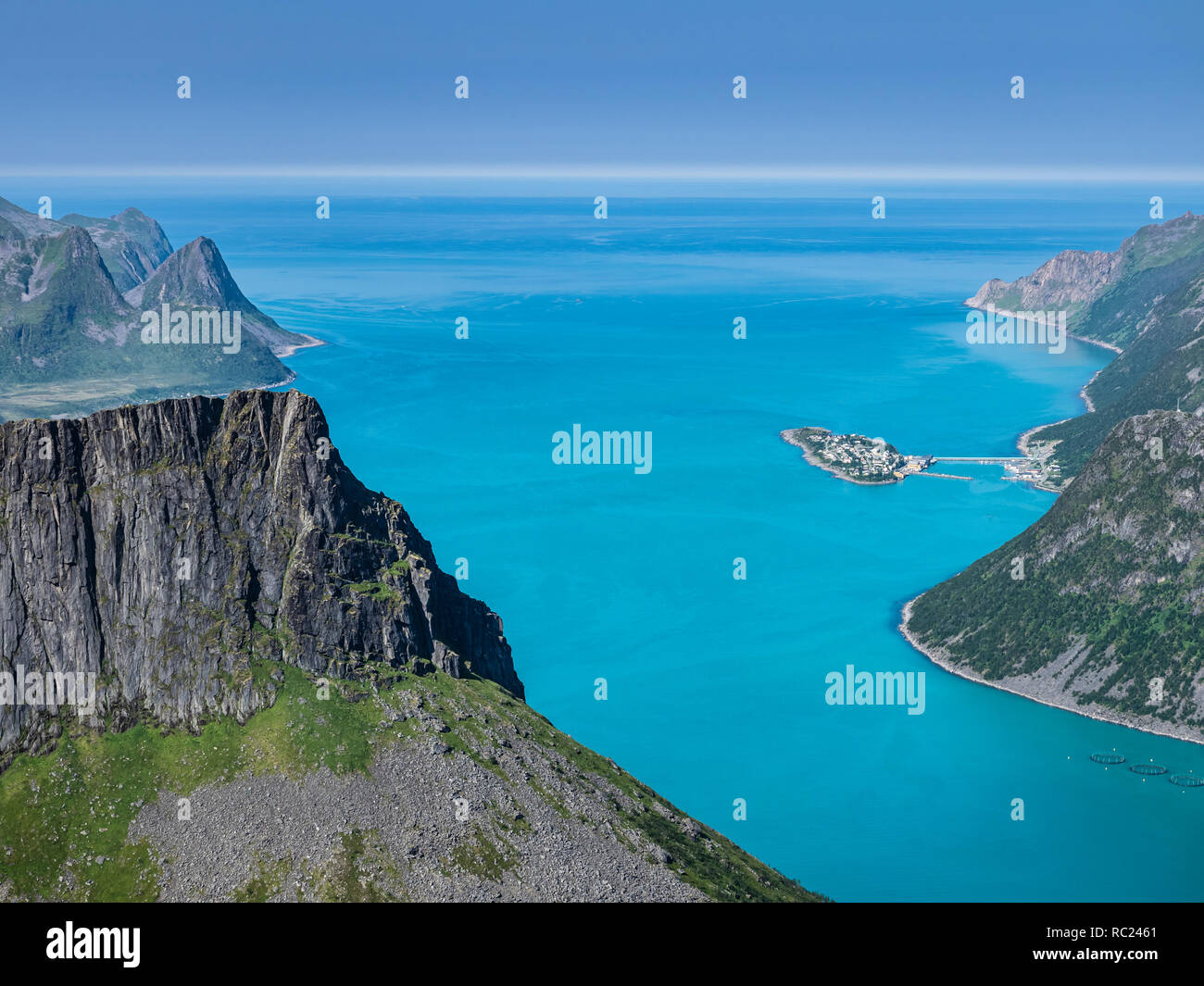 View over fjord Örnfjord, island Husöy (right), seen from mountain ...
