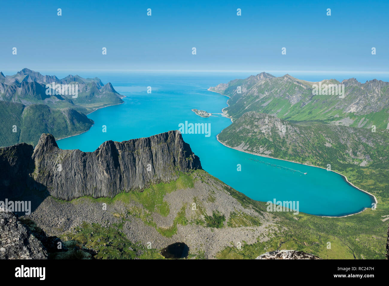 View over fjord Örnfjord, island Husöy, cliff Keipan, seen from ...
