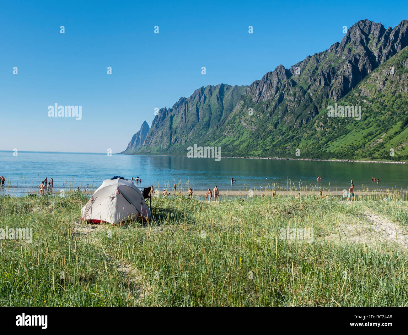Beach Ersfjordstranden, fjord Ersfjord, public recreation area, tent on ...