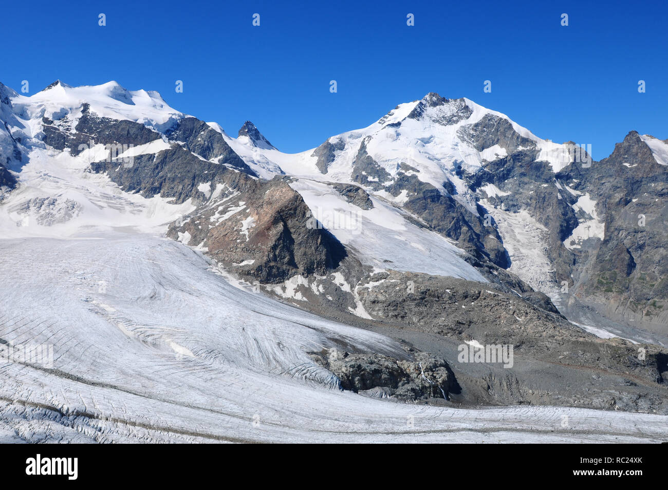 Swiss Alps: The peaks of the Bernina mountain range in the upper ...