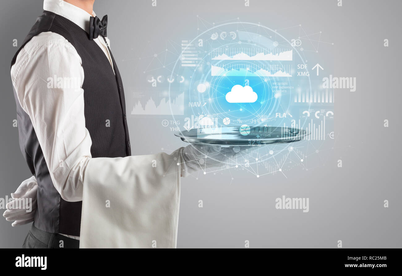 Elegant young waiter serving cloud technology concept Stock Photo - Alamy