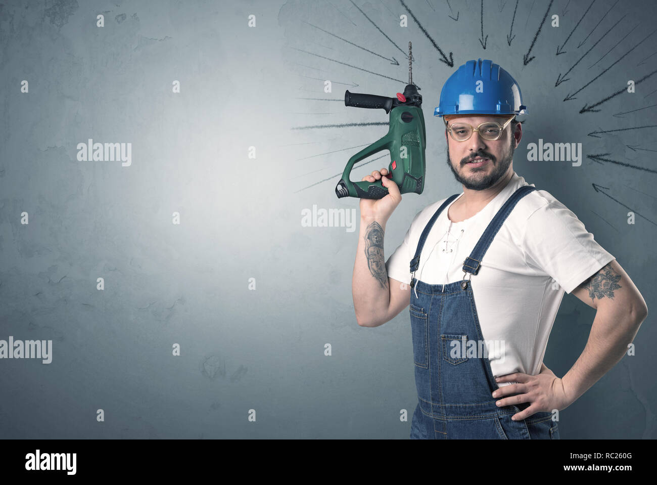 Working man with tools in his hand and arrows above his head Stock ...