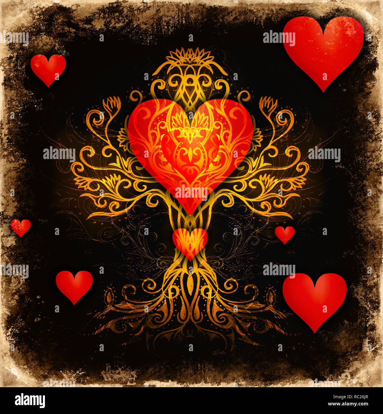 tree of life symbol on structured ornamental background with heart ...