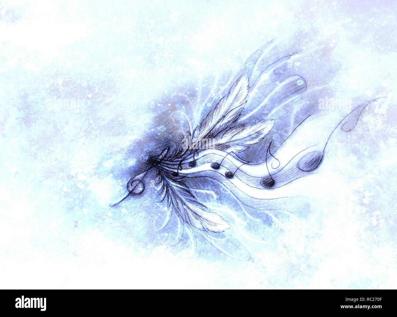 composition of feathers, notes and note lines, music theme with ...