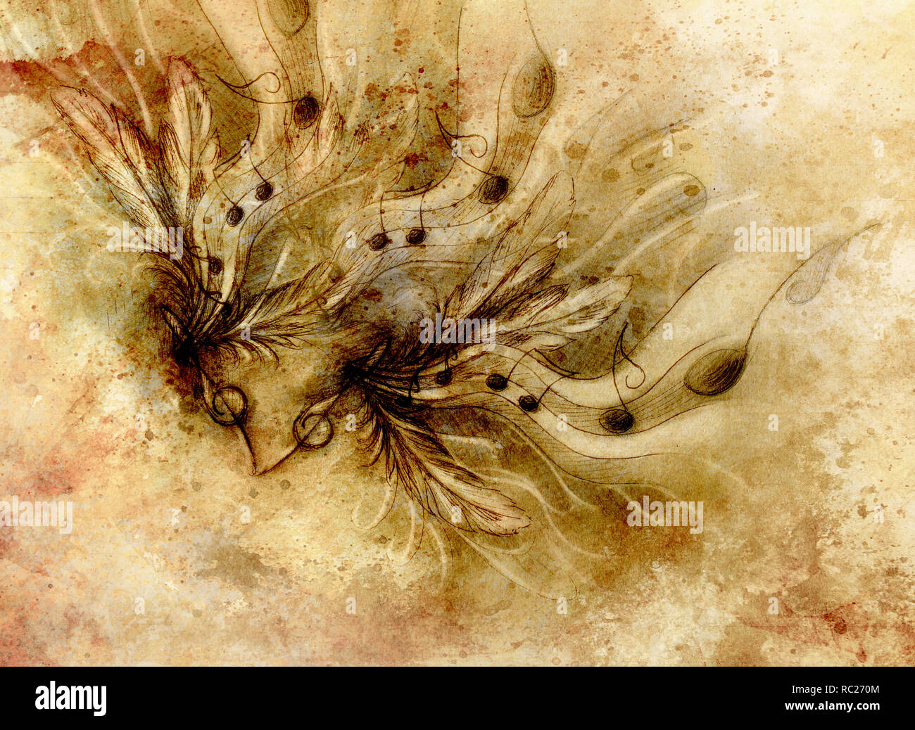 composition of feathers, notes and note lines, music theme with ...