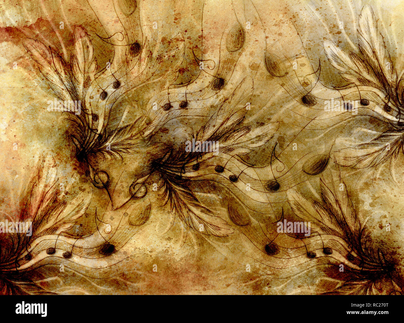 composition of feathers, notes and note lines, music theme with ...