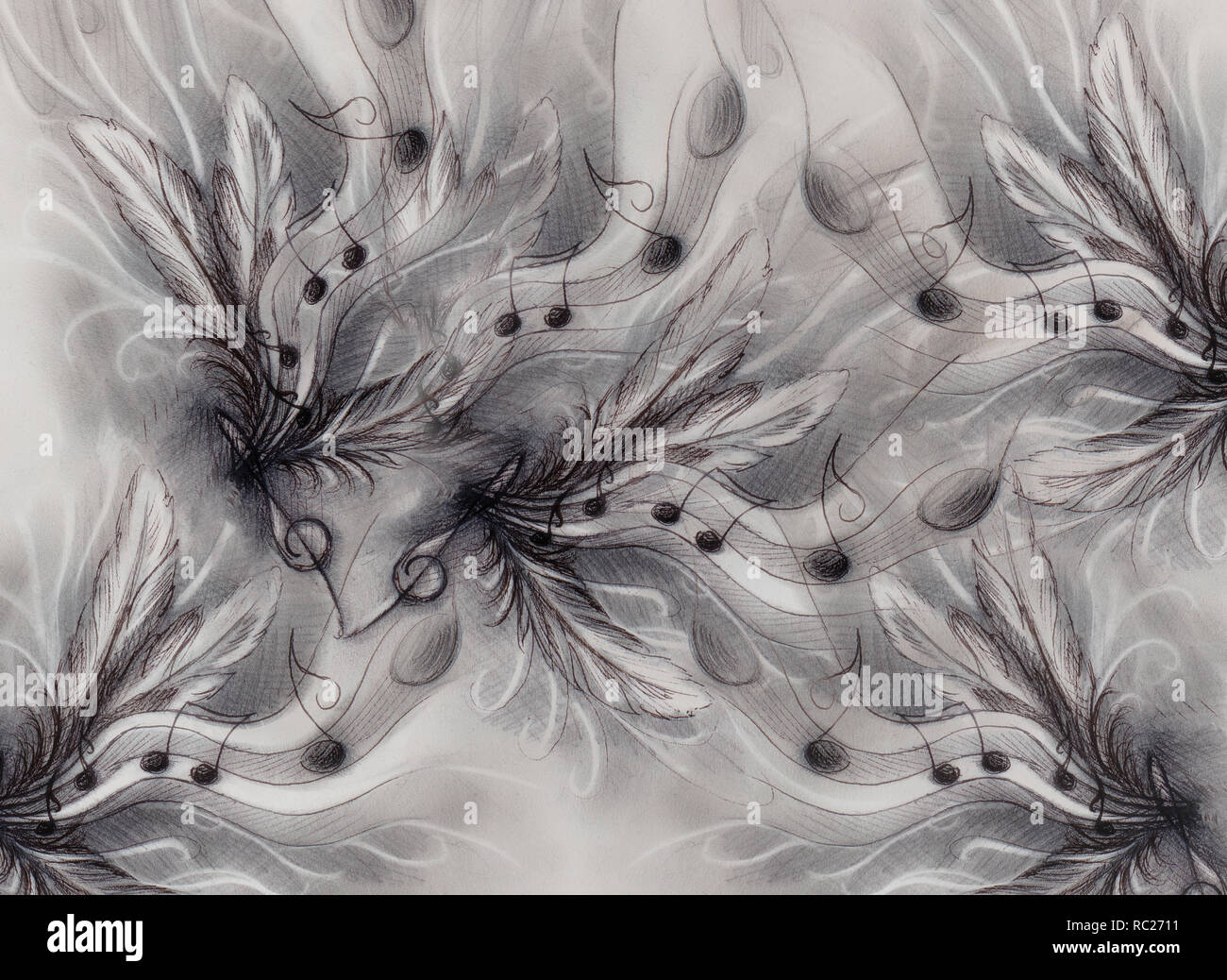 composition of feathers, notes and note lines, music theme with ...