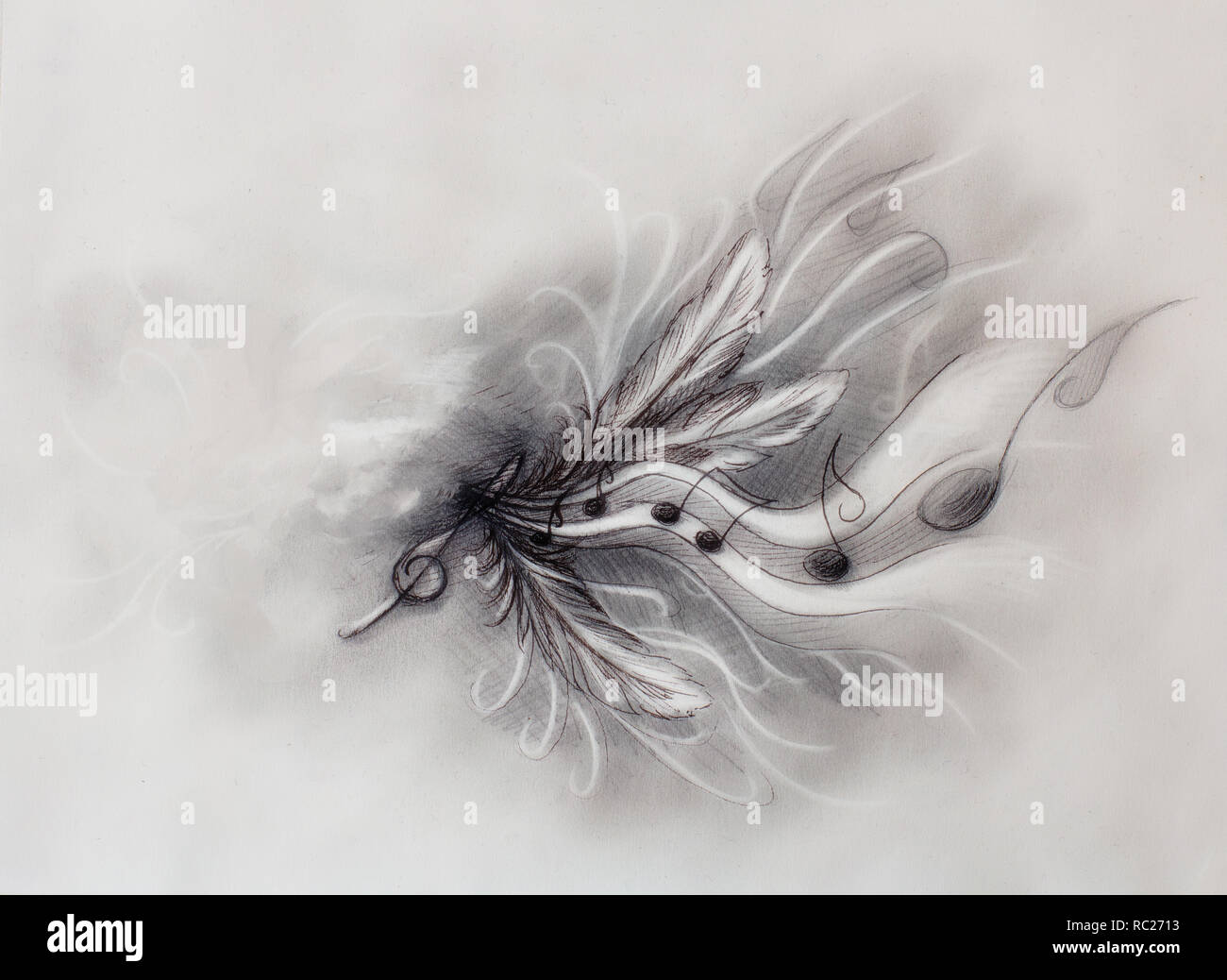 composition of feathers, notes and note lines, music theme with ...