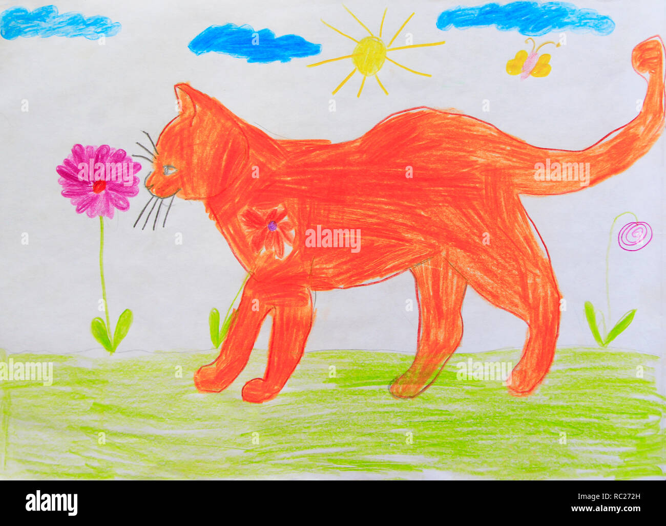 Childish drawing of funny red cat. Drawn cat going along summer garden ...