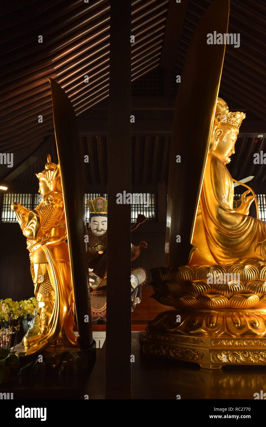 Golden statues of buddhist divinities inside Tsz Shan buddhist monastery in Hong Kong, China ...
