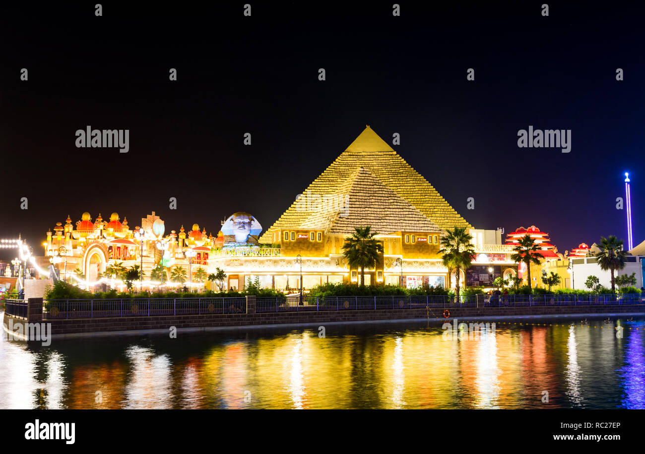 DUBAI, UNITED ARAB EMIRATES - NOVEMBER 6, 2017: Miniature pyramid at ...
