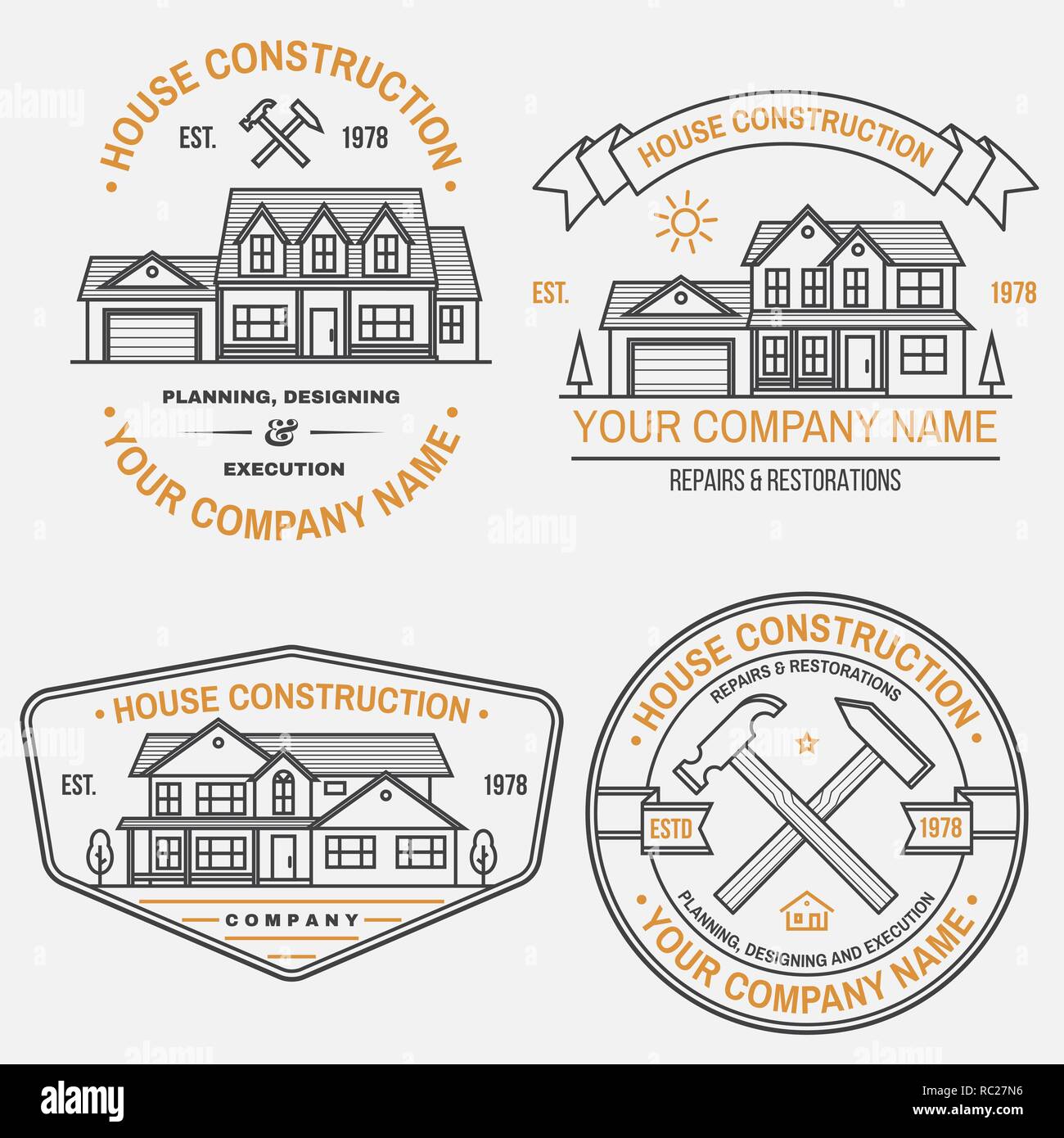 Set of House construction company identity with suburban american house ...