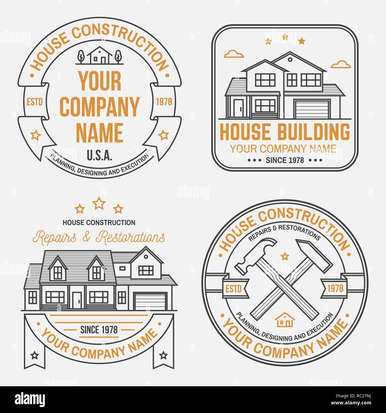 Set of House construction company identity with suburban american house ...