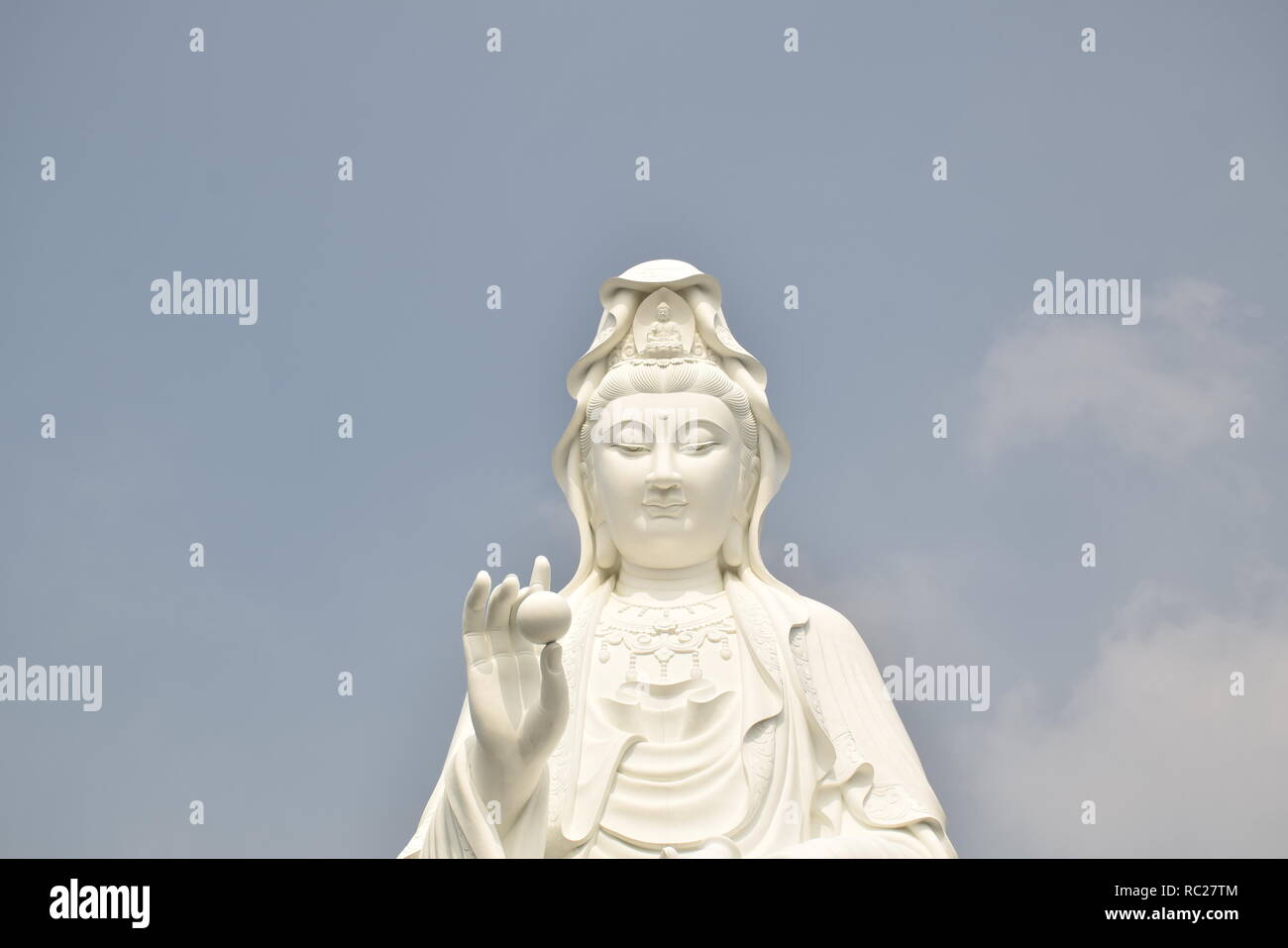 Close up of the bronze Guanyin statue outside Tsz Shan buddhist monastery in Tai Po, Hong Kong ...