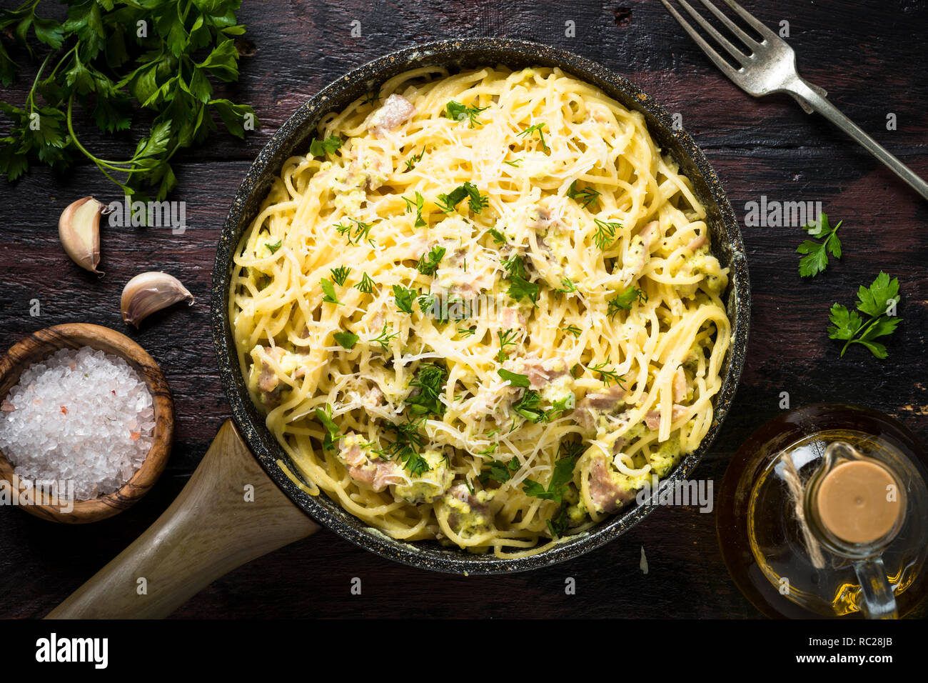 Pasta carbonara with bacon and cream sauce top view Stock Photo - Alamy