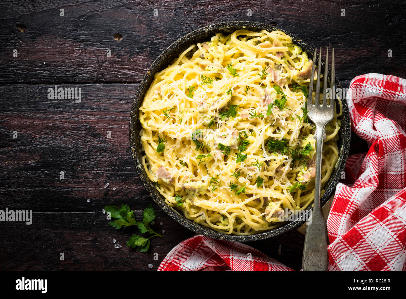 Pasta carbonara with bacon and cream sauce top view Stock Photo - Alamy
