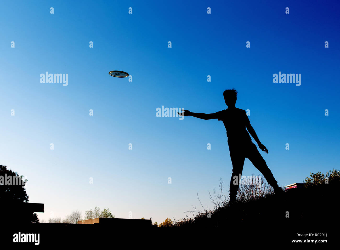 Throwing frisbee silhouette hi-res stock photography and images - Alamy