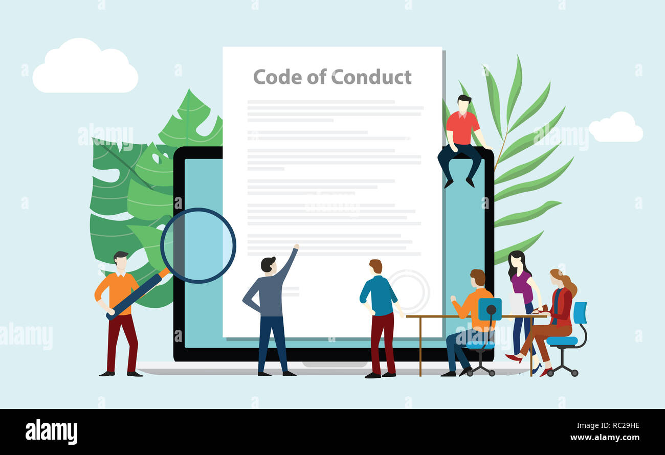 code of conduct team people work together on paper document on laptop ...