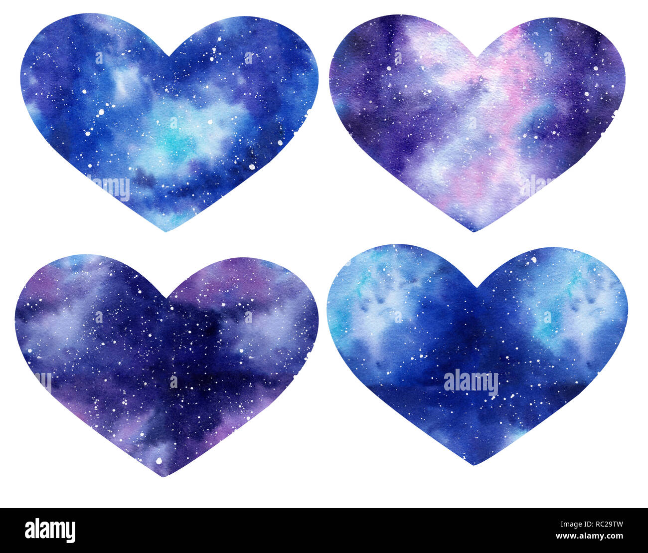Set of Watercolor galaxy hearts isolated on the white background. Hand ...