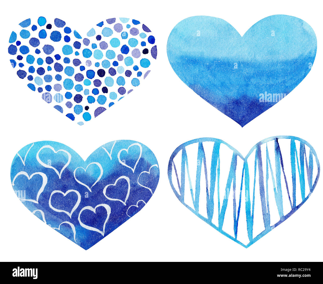 Set of watercolor hand painted blue heart. Symbol of love. Isolated ...
