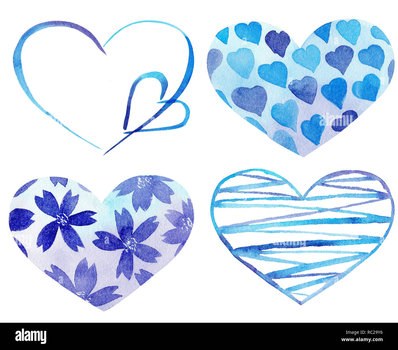 Set of watercolor hand painted blue heart. Symbol of love. Isolated ...
