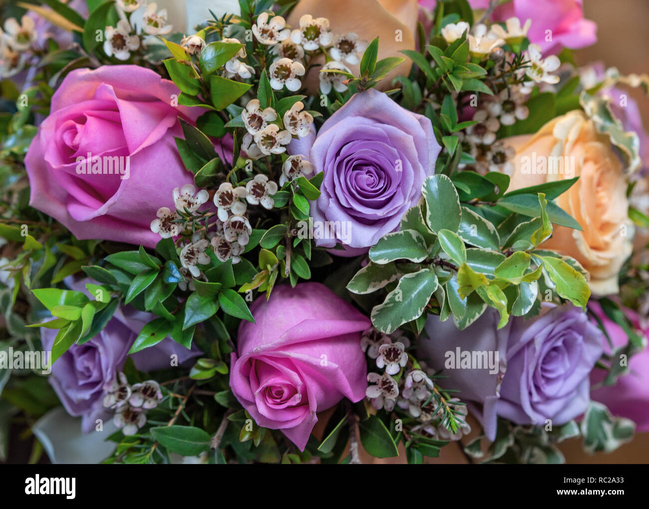 romantic bouquet of flowers composed with roses of different colors ...