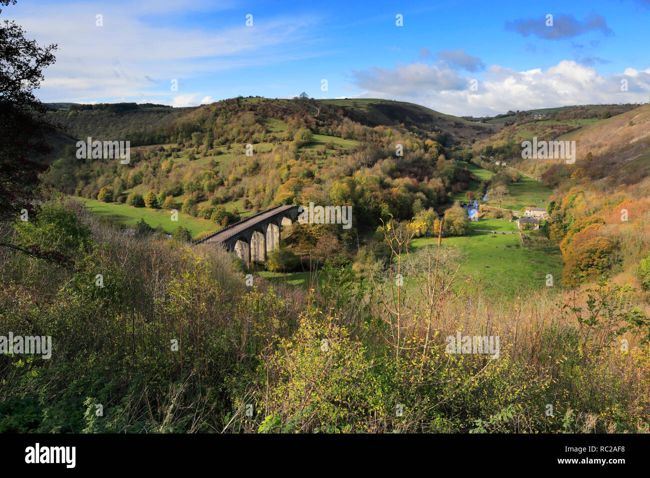 Autumn view over the viaduct at Monsal Head, river Wye, Peak District ...