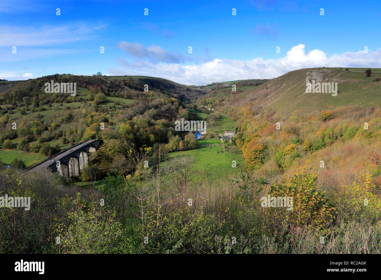 Autumn view over the viaduct at Monsal Head, river Wye, Peak District ...