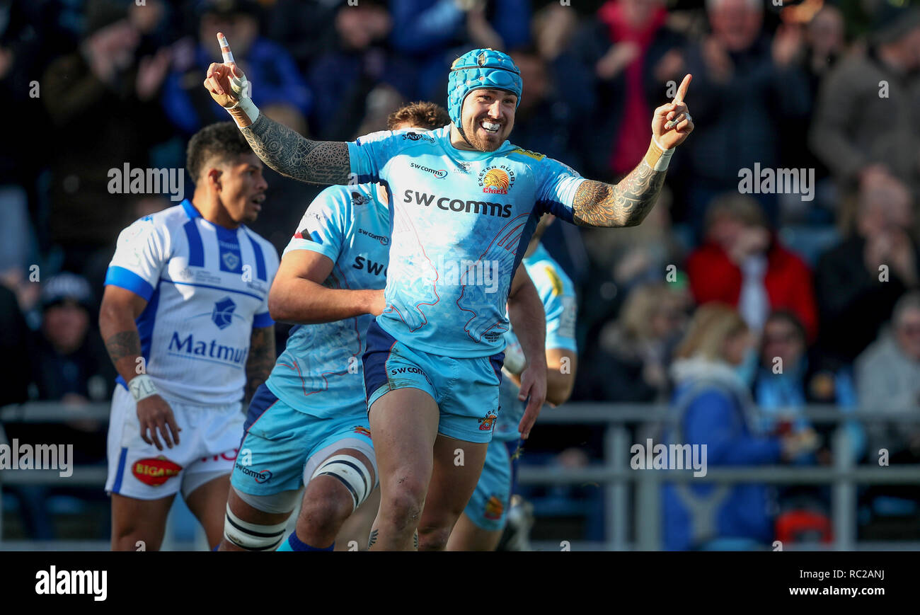 Exeter Chiefs Jack Nowell celebrates scoring their first try during the ...