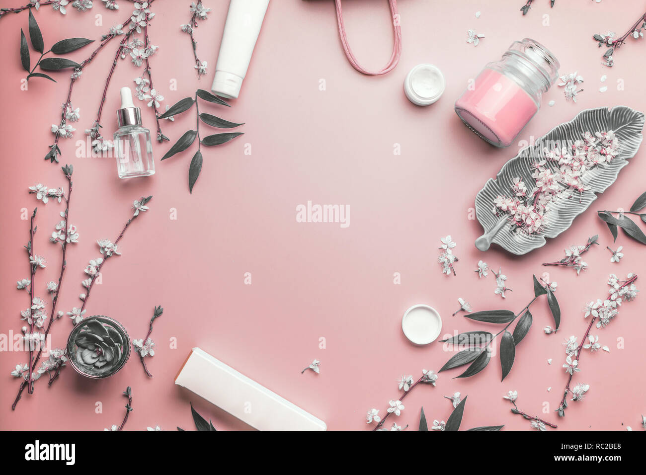 Cosmetic concept. Facial skin care products and paper shopping bag on ...