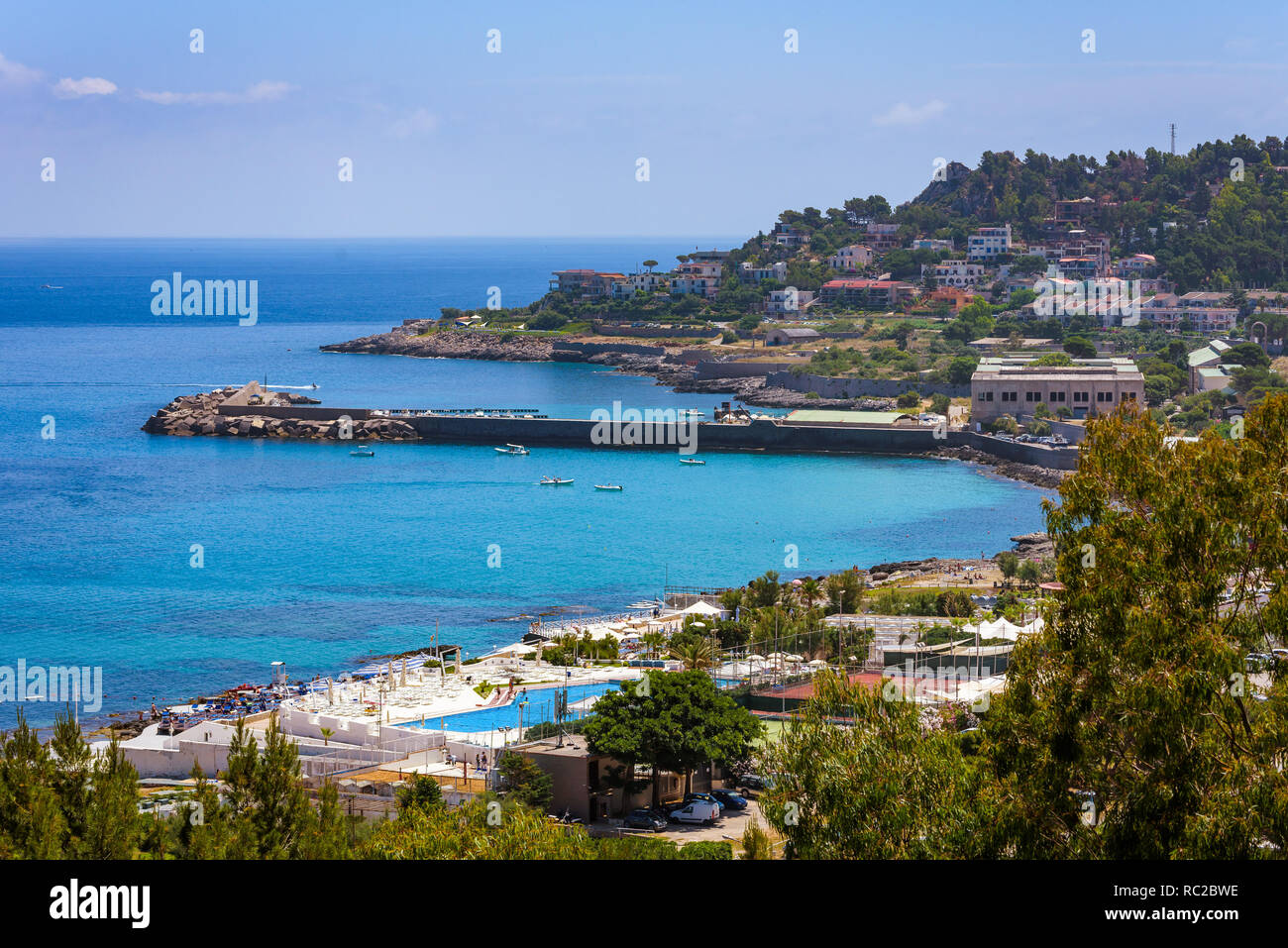 Aerial view of the Addaura harbour and beach with turquoise sea and ...