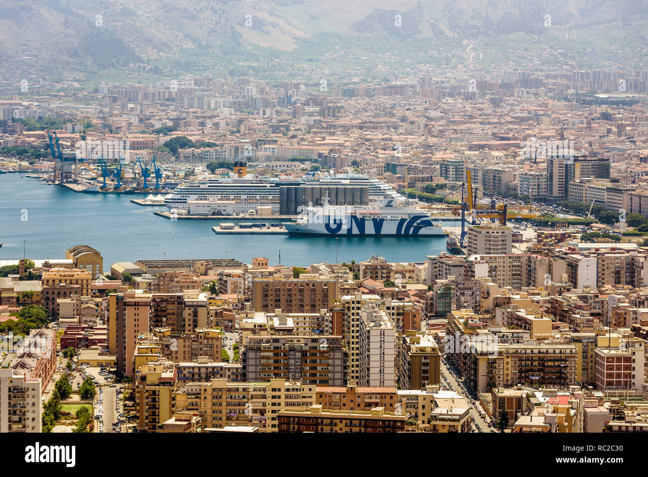 Aerial view of the Port of Palermo, Sicily, with GNV (Grandi Navi ...