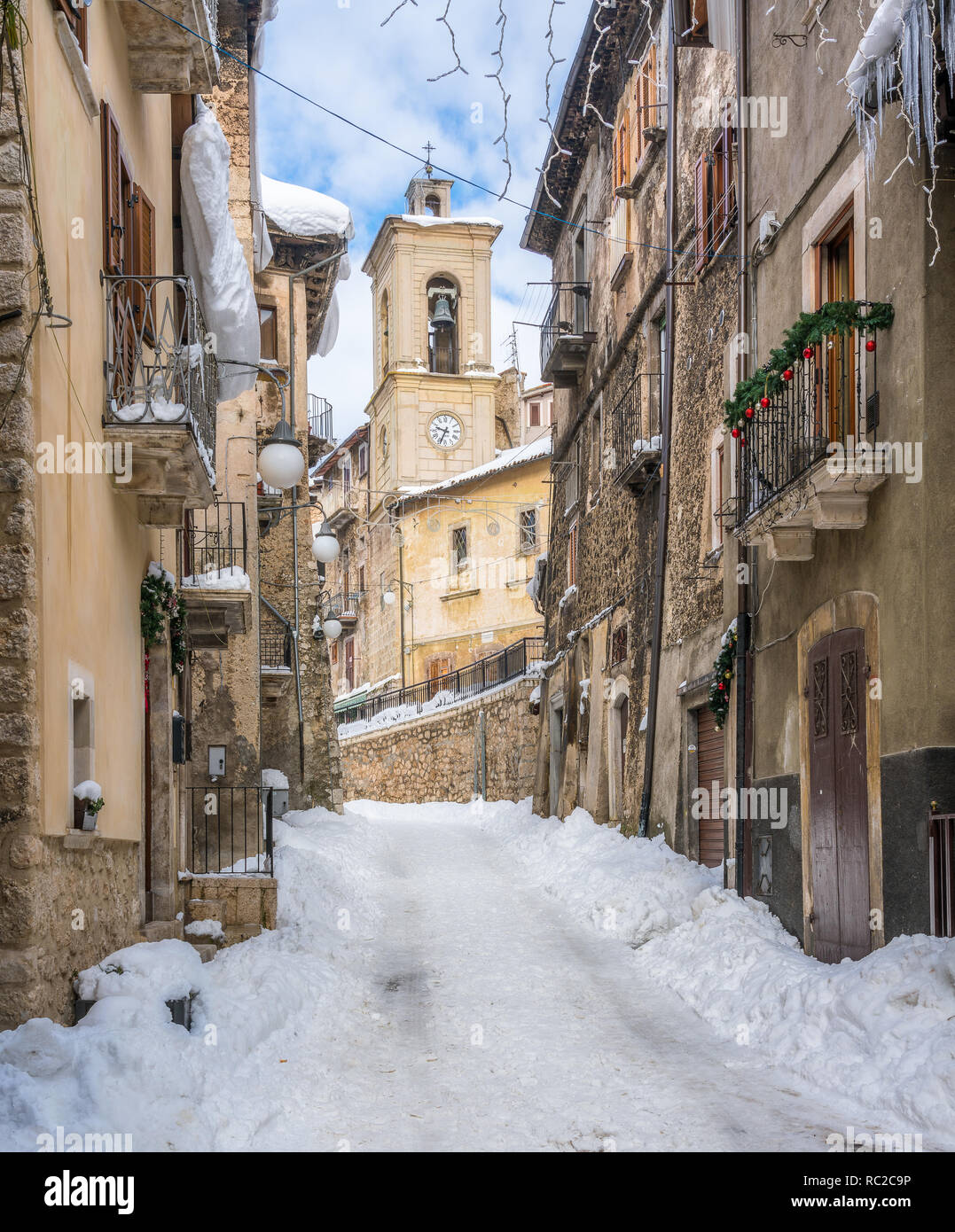 The beautiful Scanno covered in snow during winter season. Abruzzo ...