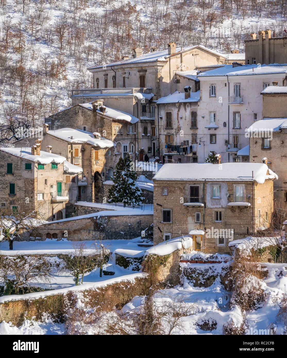 The beautiful Scanno covered in snow during winter season. Abruzzo ...
