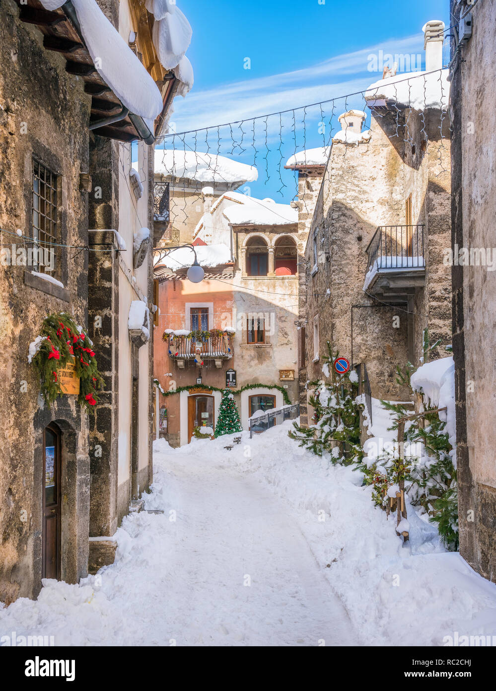 The beautiful Scanno covered in snow during winter season. Abruzzo ...