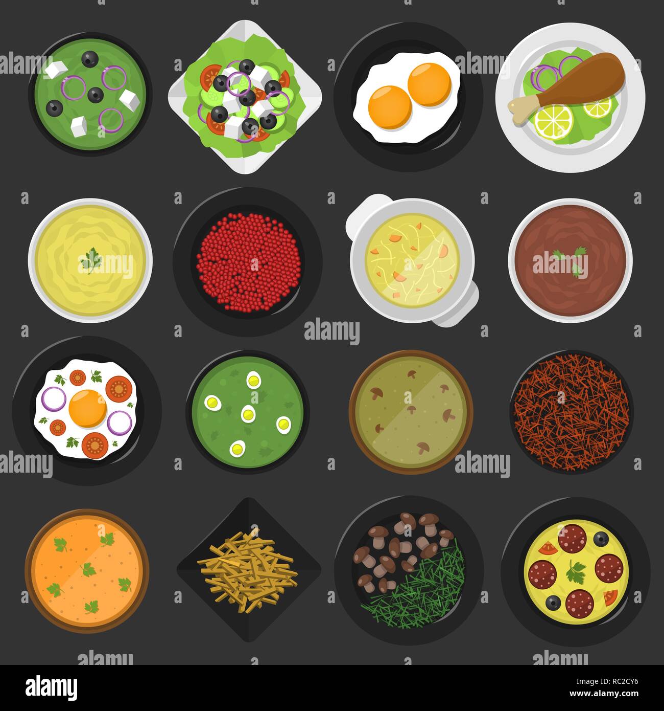 Food icon set. Dishes icons, Top view. Vector illustration Stock Vector ...
