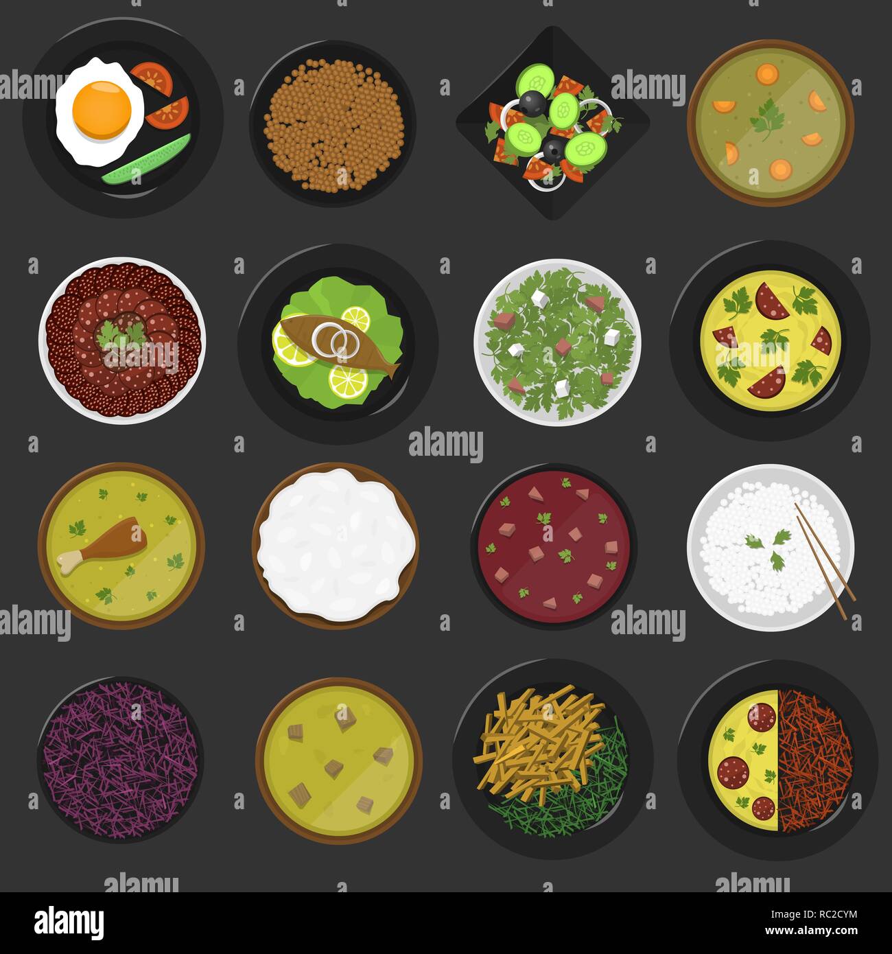 Food icon set. Dishes icons, Top view. Vector illustration Stock Vector ...