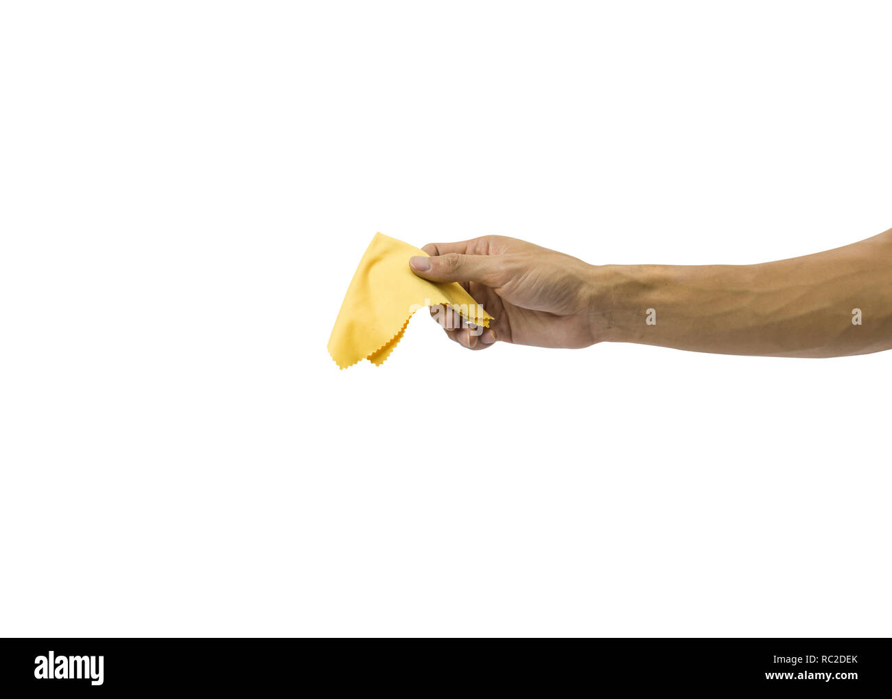 A cropped of man hand holding fiber fabric isolated on white background ...