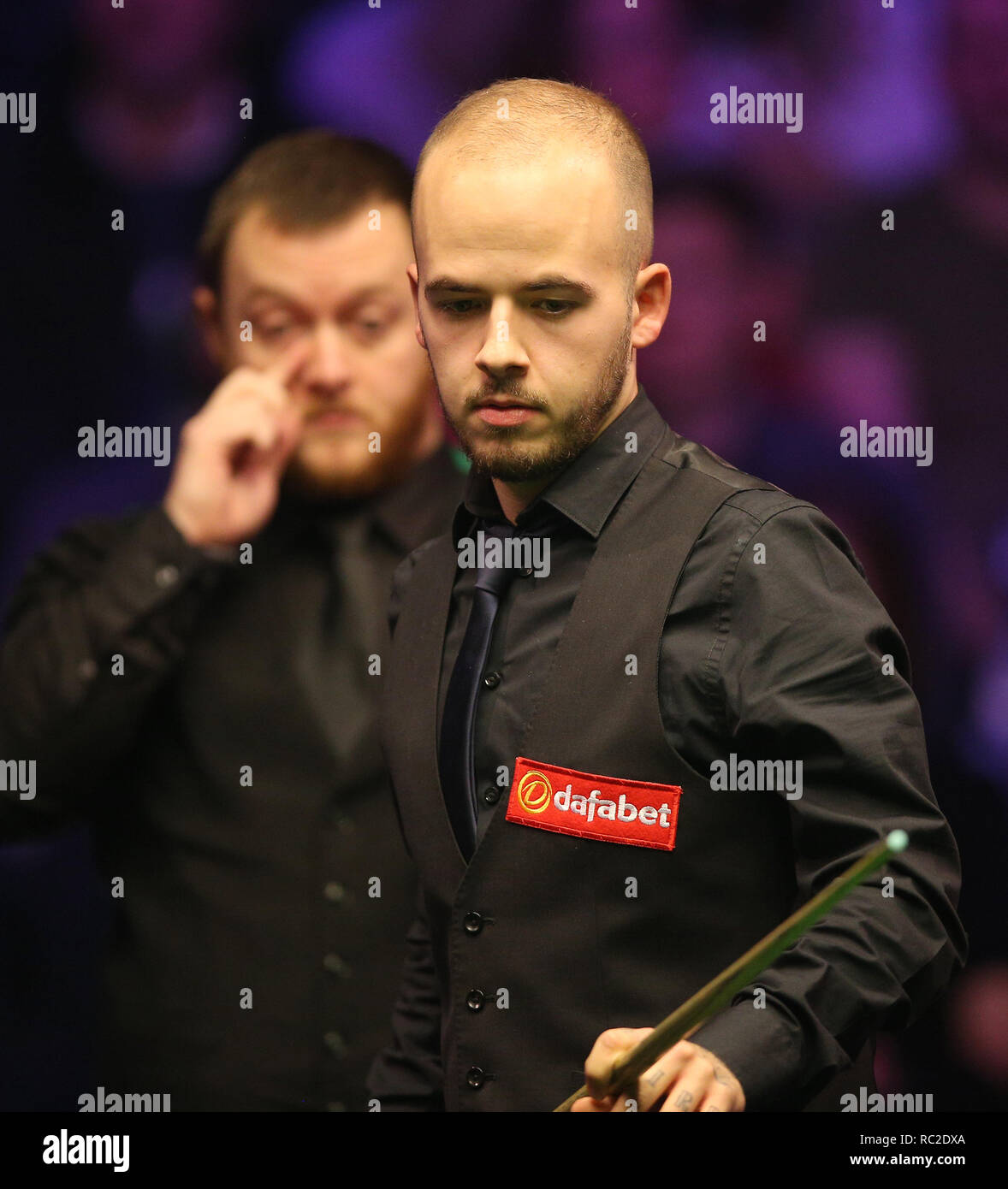 Luca Brecel (right) and Mark Allen during day one of the 2019 Dafabet ...