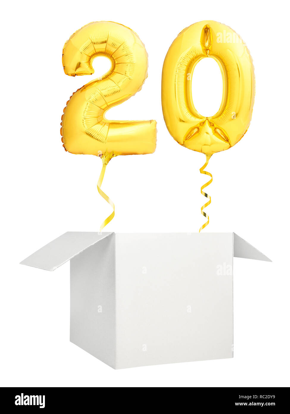 Golden number twenty inflatable balloon with golden ribbon flying out ...